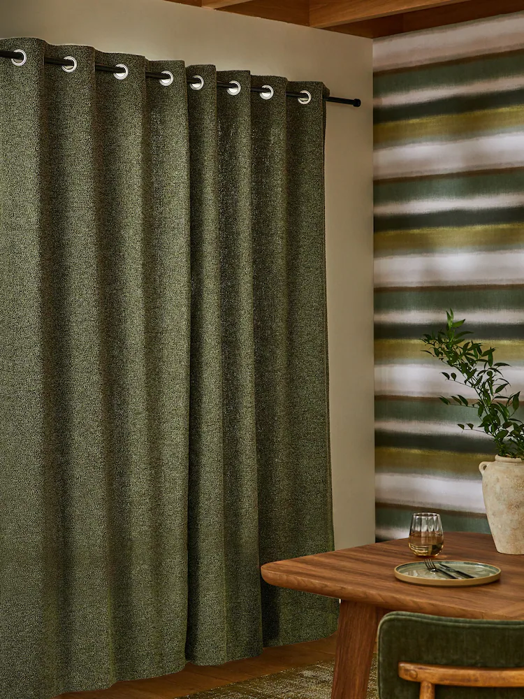 Olive Green Bouclé Textured Eyelet Lined Curtains