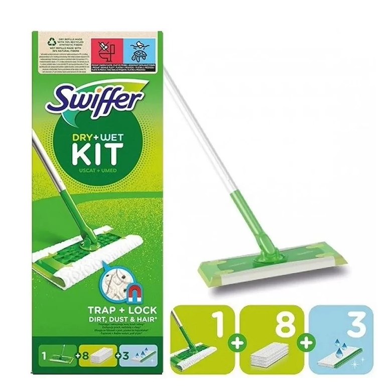 SWIFFER KOMPLET ZA BRISANJE PODA - DRŠKA + KRPICE ZA PRAŠINU 8 KOM + MARAMICE VLAŽNE 3 KOM