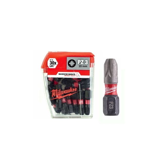 MILWAUKEE Udarni bitovi PZ SHOCKWAVE ojačani 1/4" PZ3 x 25mm (set od 25 kom)