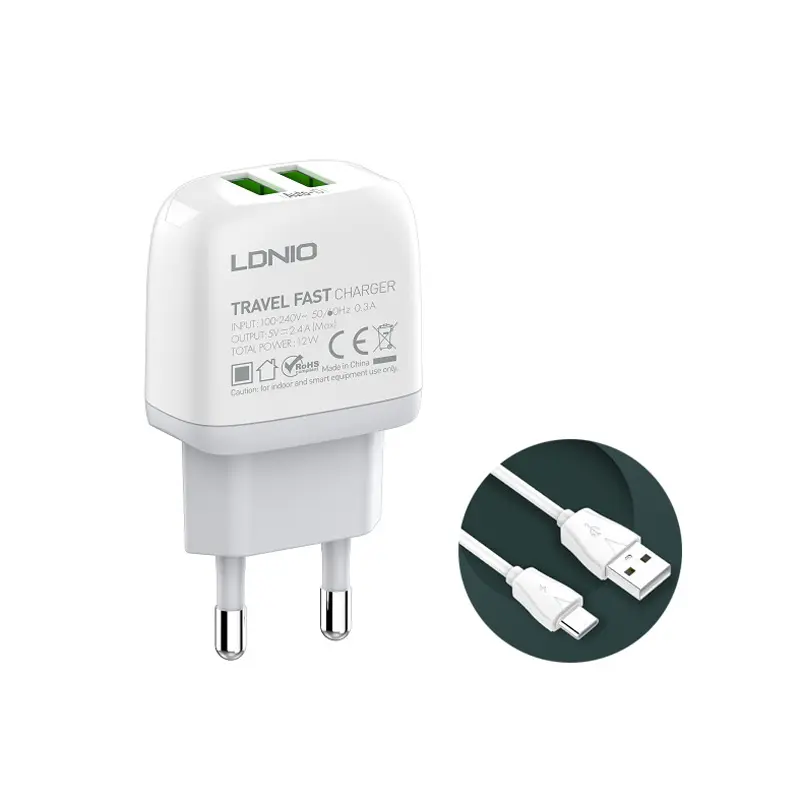 LDNIO Kućni punjač sa Type C kablom A2219 2xUSB 5V 2.4A 12W beli