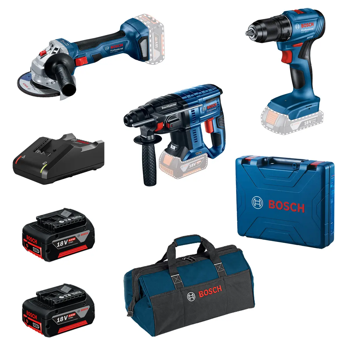 Bosch GSR 185-Li Akumulatorski set + GWS 180-Li + GBH 180-Li, 18V, 2x4.0 Ah, Plastični kofer + Torba, 0615990N1Y