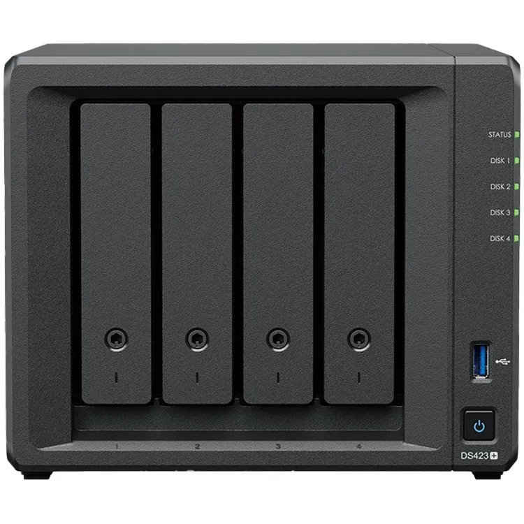 Synology DS423+, Tower, 4-Bays 3.5'' SATA HDD/SSD, 2 x M.2 2280 NVMe SSD, CPU Intel Celeron J4125 4-core (4-thread) 2.0 GHz, max. boost up to 2.7 GHz, 2 GB DDR4 ECC SODIMM, 2 x 1GbE RJ-45, 2 X USB...