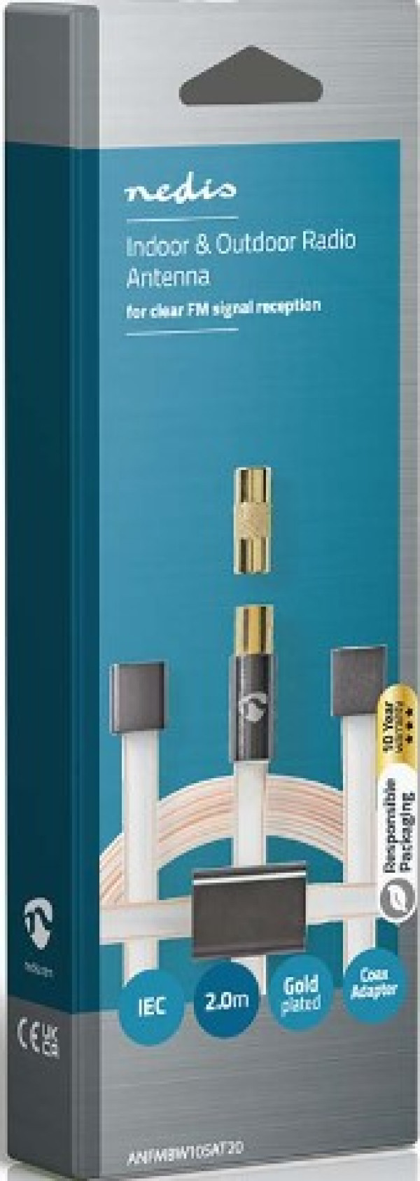 ANFMBW105AT20 FM Antena IEC koaksijalni muški, Gold Plated, 50Ohm, Unshielded, 2m, PVC