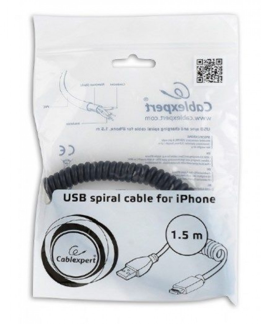 CC-LMAM-1.5M USB sync and charging spiral cable for iPhone, 1.5 m, black 19677