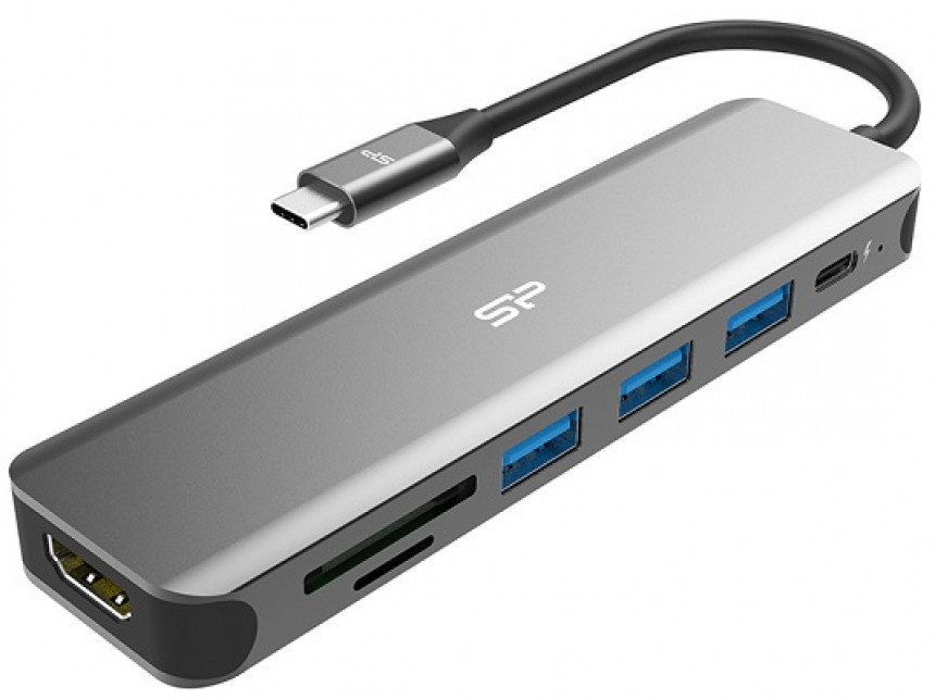 Silicon Power USB-C 7-in-1 Hub SU20, SD Card-reader, MicroSD Card Reader, 1x HDMI 4K, 3x USB3.2 Gen.1 (up to 5Gbps), 1x USB-C (PD2.0 charging up to 60W), Cable 0.15m