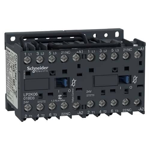 SE reversing Contactor TeSys K 3P AC-3/AC-3e440V 6A 1NC 24V DC coilwith integral suppression device