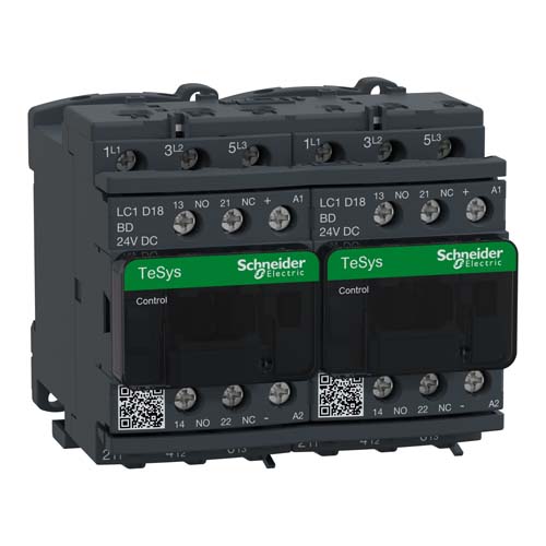 SE Reversing Contactor TeSys Deca 3P(3NO) AC-3 <=440V 18A 24V DC coil with mechanical and electrical interlocking screw clamp terminals