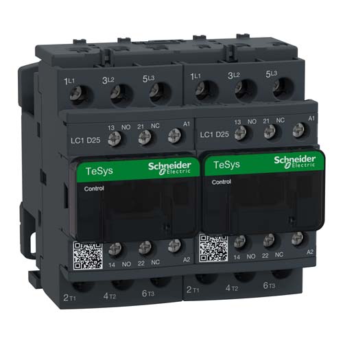 SE Reversing Contactor TeSys Deca 3P(3NO) AC-3 <=440V 25A 230V AC 50/60Hz coil with mechanical and electrical interlocking screw clamp terminals