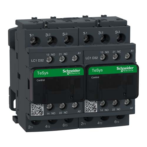SE Reversing Contactor TeSys Deca 3P(3NO) AC-3 <=440V 32A 230V AC 50/60Hz coil with mechanical and electrical interlocking screw clamp terminals