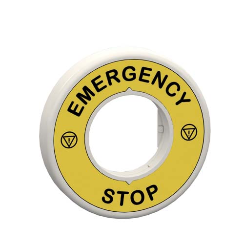 SE Illuminated marked legend ring Harmony XB5 60mm plastic yellow red fixed integral LED marked EMERGENCY STOP 24V AC DC