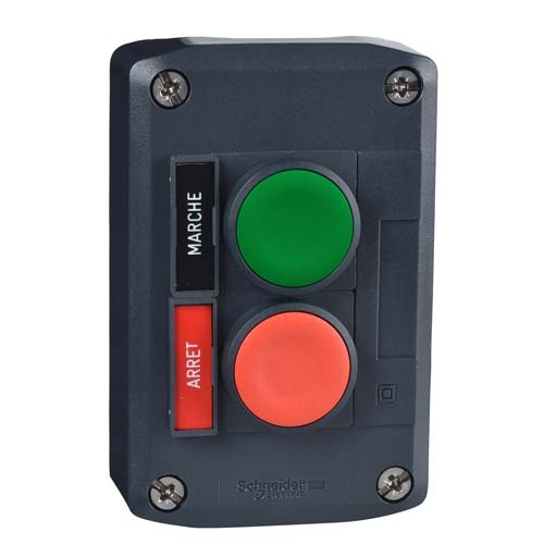 SE Control station Harmony XALD XALK plastic dark grey 1 green 1 red flush push buttons 22mm spring return legend holder marked ARRET MARCHE