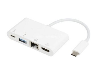 E-GREEN Adapter USB 3.1 tip C (M) - HDMI + USB3.0 + RJ45 + tip C (F) beli