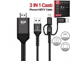 FAST ASIA Kabl HDMI 2K na (Micro+Tip C+Iphone) povezuje TV+mob 2m