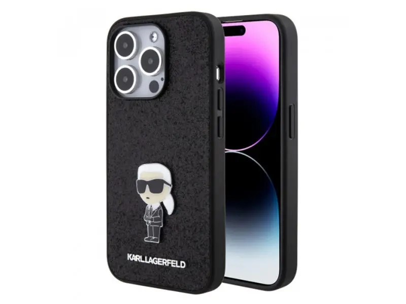 Karl Lagerfeld Ikonik Fixed Glitter Logo Maska za telefon za iPhone 15 Pro, Crna
