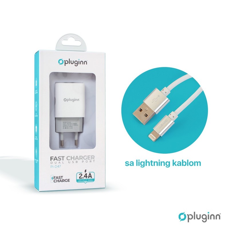 PLUGINN Kućni punjač D47 2,4A | 12W | 2xUSB sa lightning kablom White/Beli