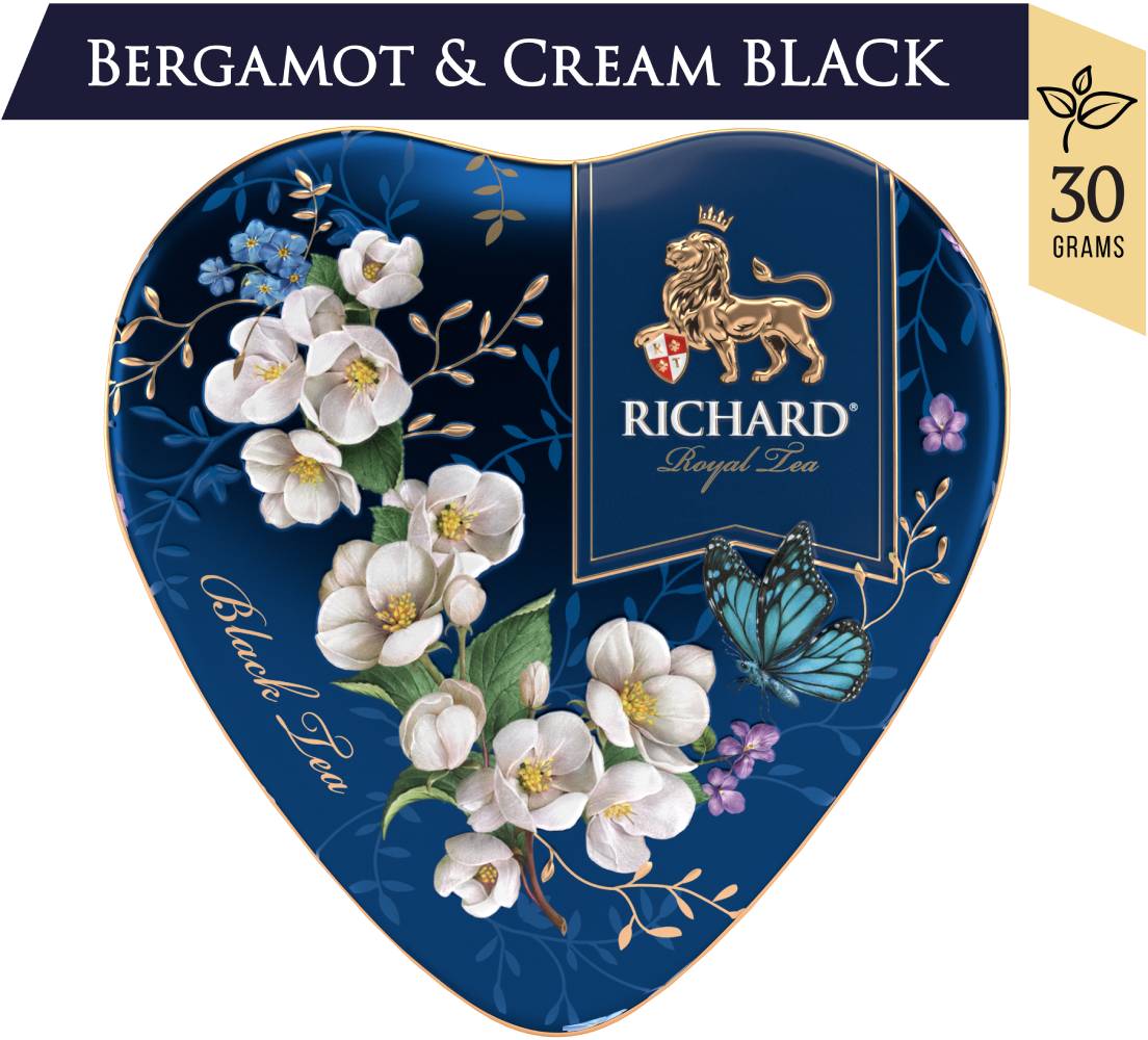 RICHARD Royal Heart - Crni cejlonski čaj krupnog lista, sa bergamotom, vanilom, narandžom i laticama ruže, 30g rinfuz, BLUE metalna kutija