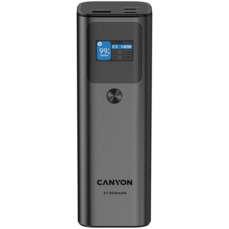 CANYON PB-2010, allowed for air travel power bank 27000mAh/97.2Wh Li-poly battery, in/out:2xUSB-C PD3.1 140W, out:USB-A QC 3.0 22.5W,TFT display,Dark Grey