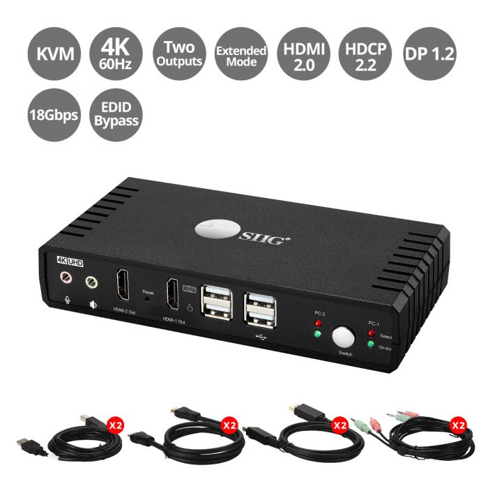 Siig 2-Port HDMI 2.0 Dual-Head Console KVM Switch with USB 2.0