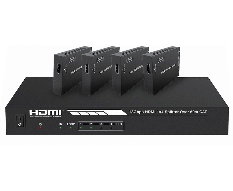 Monoprice Blackbird 4K HDMI 2.0 1x4 Splitter Extender --Complete Solution Kit-- 18Gbps_ HDR_ 4K@60Hz_ YCbCr 4:4:4_ HDCP 2.2_ Cat6/6a/7 with IR_ Loop Out_ EDID_ POC with 4 Receivers_ 60m_ 197ft