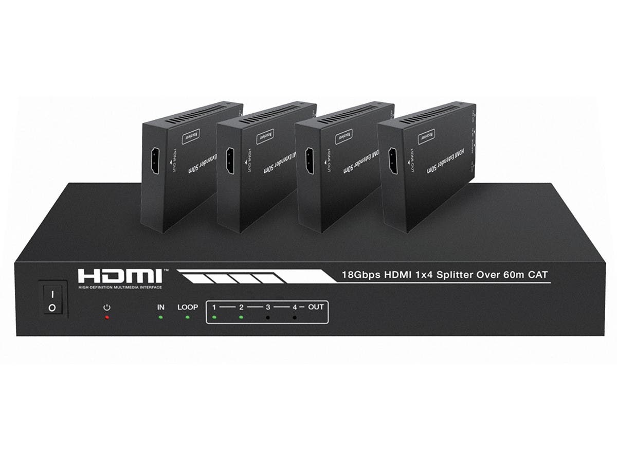 Monoprice Blackbird 4K HDMI 2.0 1x4 Splitter Extender --Complete Solution Kit-- 18Gbps_ HDR_ 4K@60Hz_ YCbCr 4:4:4_ HDCP 2.2_ Cat6/6a/7 with IR_ Loop Out_ EDID_ POC with 4 Receivers_ 60m_ 197ft