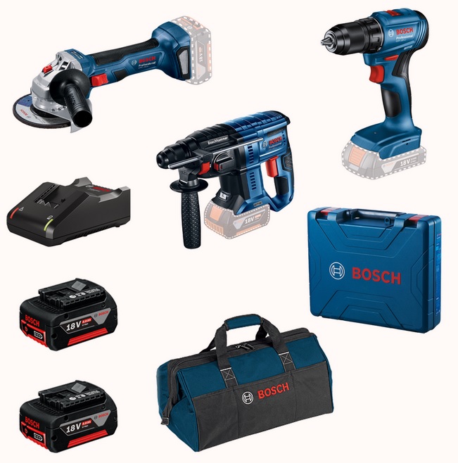 Akumulatorski set Bosch GSR 185-Li + Bosch GWS 180-Li + Bosch GBH 180-Li; 18V; 2x4,0 Ah (0615990N1Y)