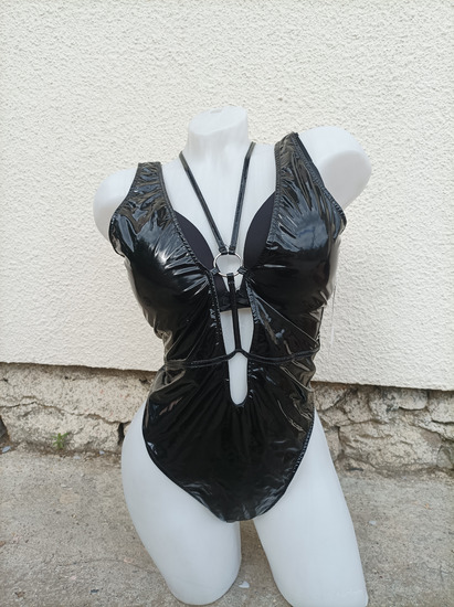 Nov Latex/PVC Crni Bodi sa Pertlama M/L