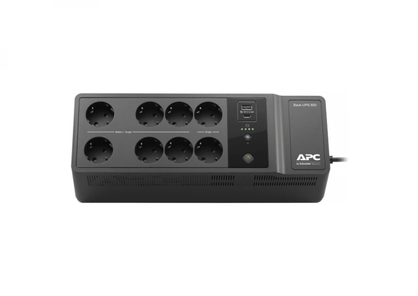 APC Back-UPS 750VA, Standby, 850VA/520W, 230V, AVR, 8x Schuko (6x Full + 2x Surge), USB Type-C & A Fast Charger Ports, PF 0.61 (Full load), Battery 9Ah (RBC17), Line Protection RJ-45