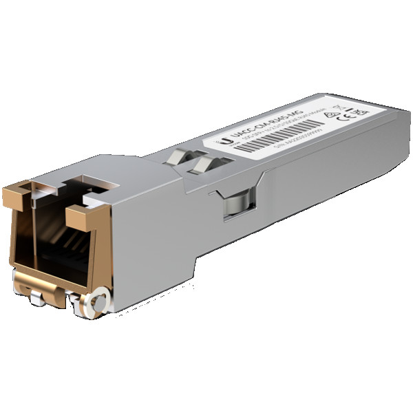 Ubiquiti UACC-CM-RJ45-MG SFP+ to RJ45 adapter, 12.5510 GbE is a RJ45 transceiver that can be inserted into an SFP port in order to connect
