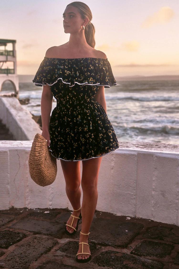 Black Ditsy Off Shoulder Summer Skort Cotton Floral Dress