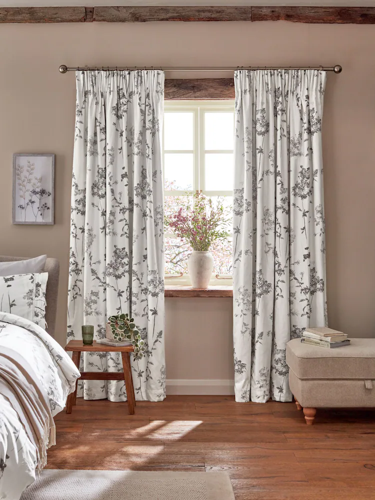 Grey Floral Pencil Pleat Blackout/Thermal Curtains