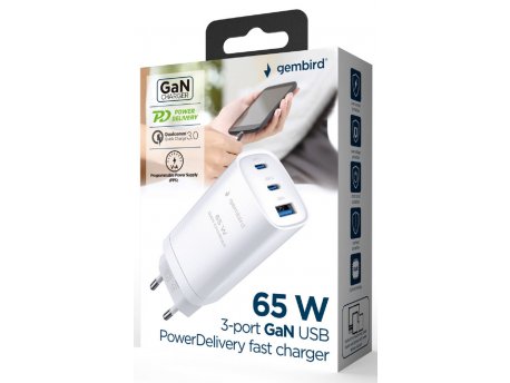 GEMBIRD TA-UC-PDQC65-01-W GEMBIRD 3-PORT 65W GAN USB POWERDELIVERY FAST CHARGER, WHITE