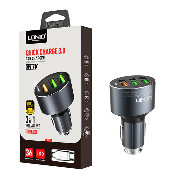 LDNIO Auto punjač C703Q Quick Charge 3xUSB lightning Black/Crni