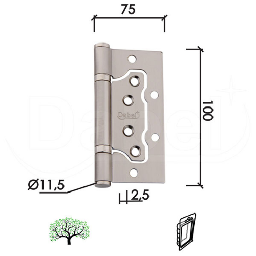 Dabel šarka brodska za vrata SP9009 B-Ni x100x75x2,5mm/fi11,5 (2kom) Mali falc BPDQ