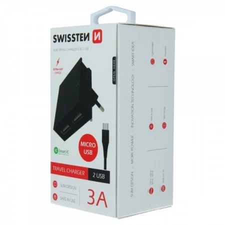 SWISSTEN Kućni punjač 3A 2xUSB Micro Black/Crni