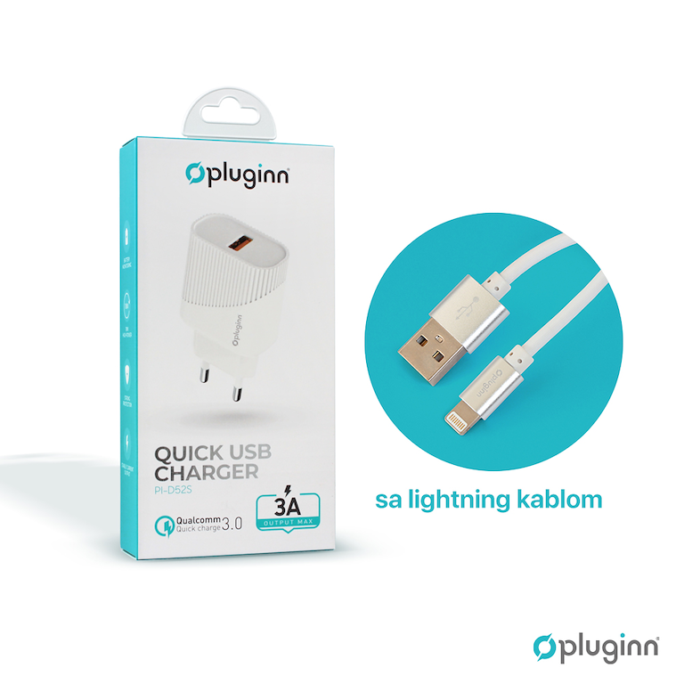 PLUGINN Kućni punjač D52S sa lightning kablom White/Beli