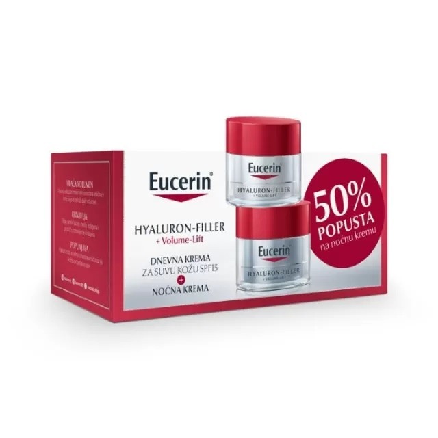 EUCERIN HYALURON FILLER + VOLUME-LIFT KOMPLET DNEVNA KREMA ZA SUVU KOŽU SPF15 50ML + NOĆNA KREMA 50ML