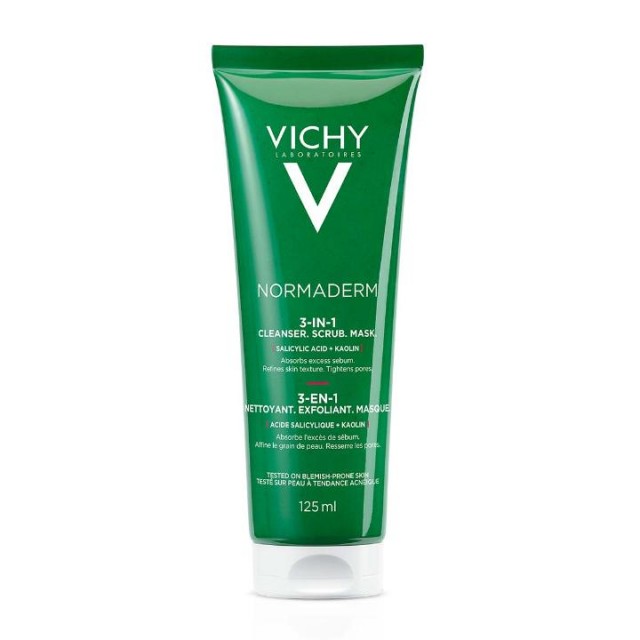 VICHY NORMADERM 3 U 1 NEGA ZA KOŽU SKLONU AKNAMA - KREMA ZA ČIŠĆENJE LICA, PILING, MASKA 125ML