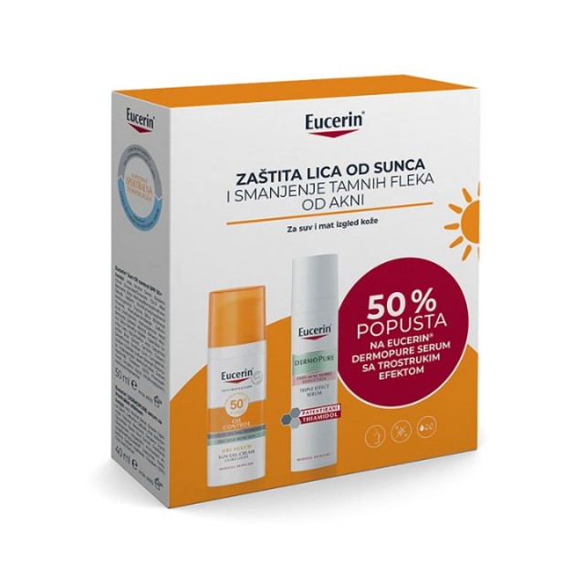 EUCERIN BOX SUN OIL CONTROL SPF50 50ML + DERMOPURE SERUM SA TROSTRUKIM EFEKTOM 40ML