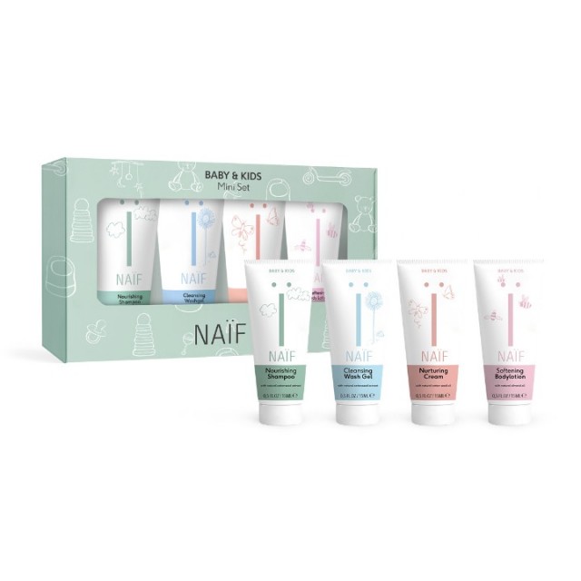 NAIF MINI SET - ŠAMPON, GEL ZA KUPANJE, NEGUJUĆA KREMA, LOSION ZA TELO 4 x 15 ML