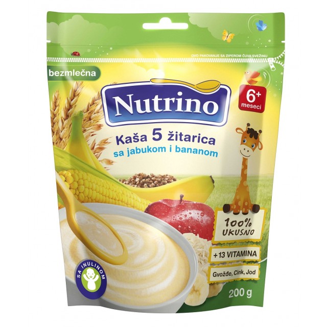 NUTRINO BEZMLEČNA KAŠA 5 ŽITARICA SA JABUKOM I BANANOM 200G