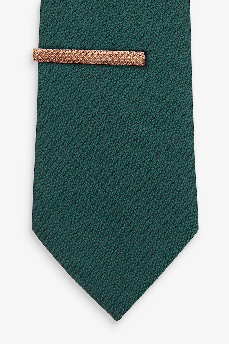 Dark Green Textured Tie And Clip Set