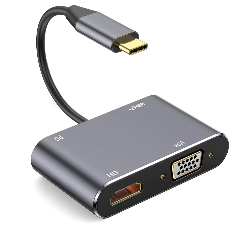 Adapter Type C na HDMI VGA PD USB3.0 4 u 1 sivi