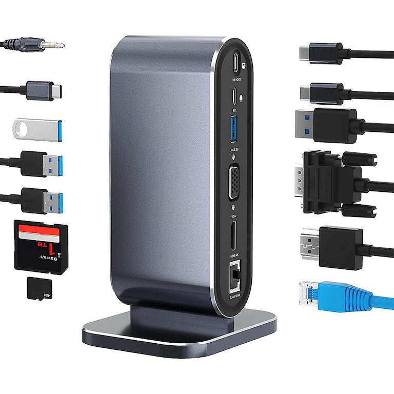 Adapter Type C na LAN Gb, SD card, TF, PD, Type C, 4xUSB 3.0, Audio, HDMI i VGA 12 u 1 sa postoljem