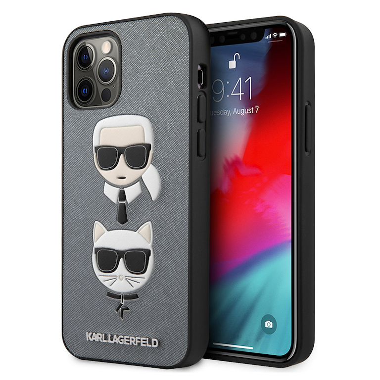 Futrola Karl Lagerfeld CPU Saffiano K&C Heads za iPhone 12/12 Pro 6.1 srebrna (KLHCP12MSAKICKCSL)