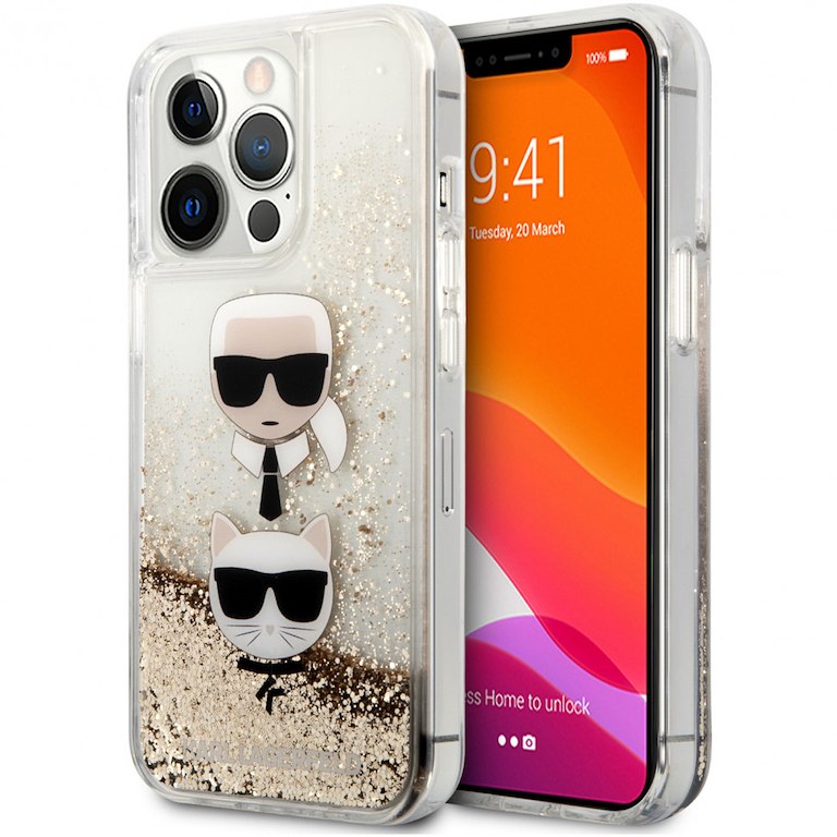 Futrola Karl Lagerfeld Hc Liquid Glitter 2 Heads za iPhone 14 Pro zlatna (KLHCP14LKICGLD)