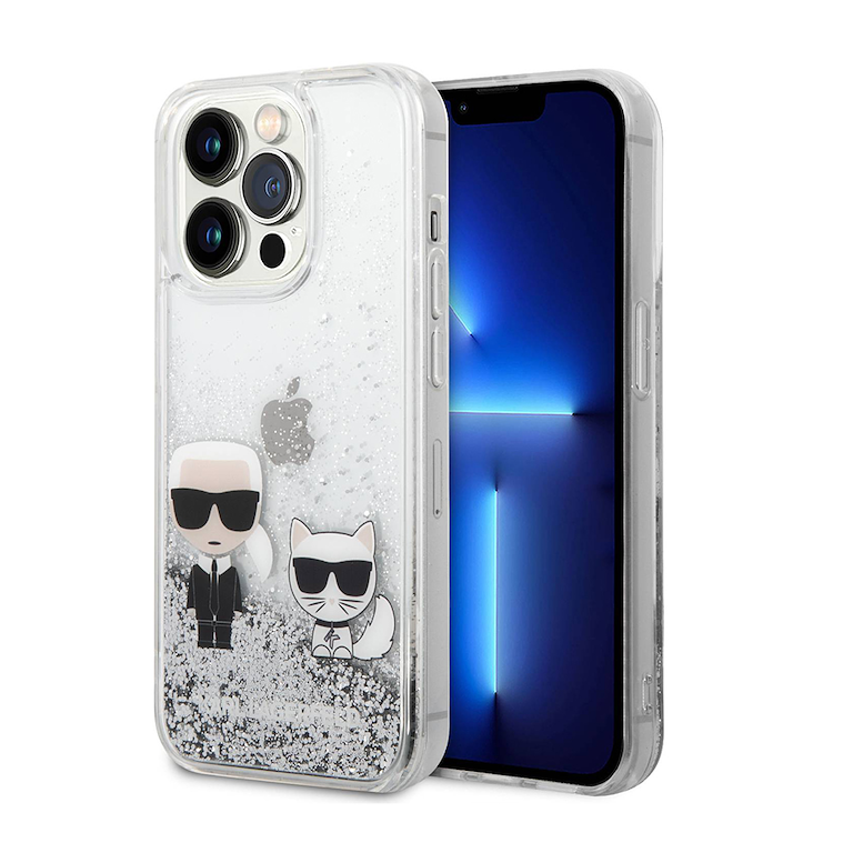 Futrola Karl Lagerfeld Hc Liquid Glitter Karl&Choupette za iPhone 14 Pro srebrna (KLHCP14LGKCS)