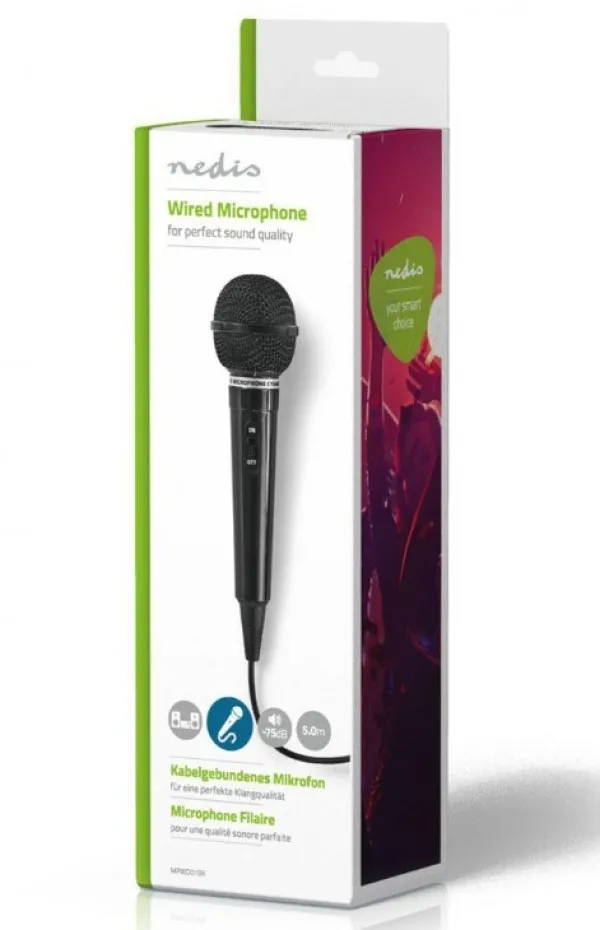 NEDIS MPWD01BK Karaoke mikrofon, 6.35mm -75dB+/-3dB, Sensitivity, 80Hz-12kHz, 5.0m