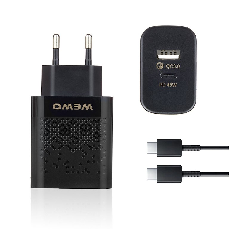 PUNJAČ PD+USB QC 45W/3A TYPE-C NA TYPE-C CRNI WEWO