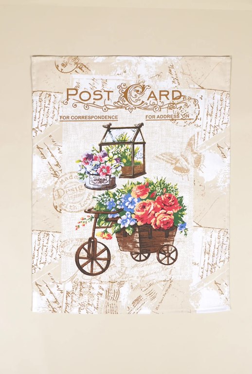 Kuhinjska krpa Post Card drvena kolica sa cvećem