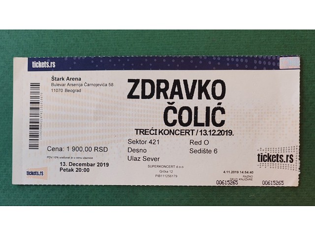 Ulaznica 2019 ZDRAVKO ČOLIĆ treći koncert